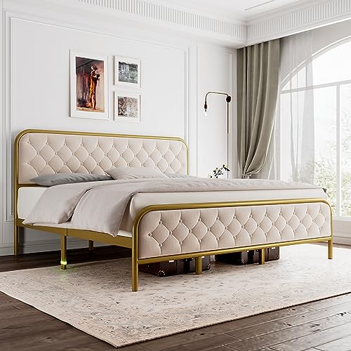 Feonase King Size Bed Frame, Upholstered Bed Frame with Diamond Tufted Headboard, Heavy Duty Metal Slats, 12" Storage Space, No Box Spring Needed, Easy Assembly, Gold