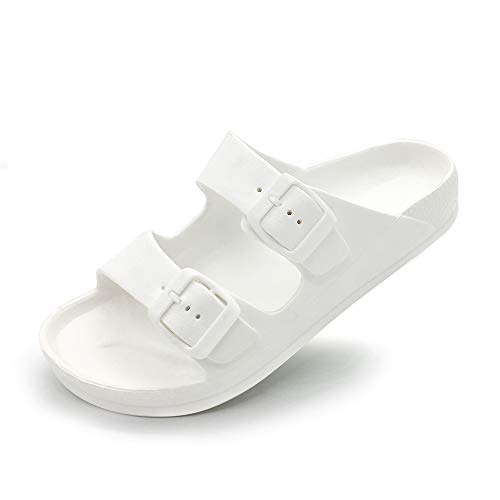 FUNKYMONKEY Women's Comfort Slides Double Buckle Adjustable EVA Flat Sandals (9 M US-Women, White)