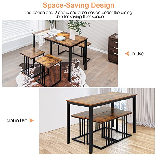 Giantex 4 Piece Dining Table Set, Kitchen Table and Chairs for 4, Nesting Furniture Set w/Bench & 2 Stools, Space-Saving Table Set, Modern Desk Set for Dining Room Restaurant