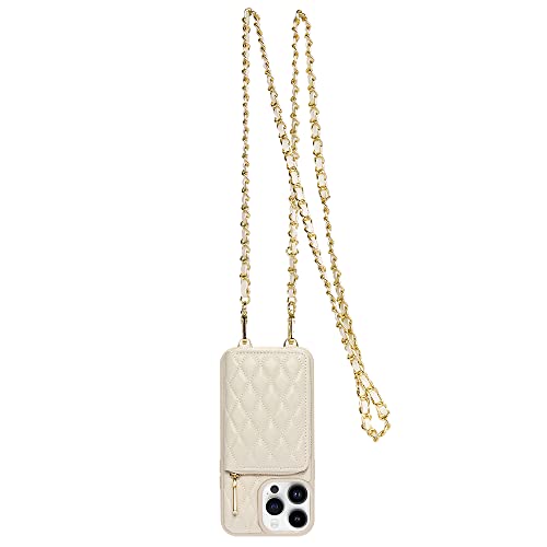 LAMEEKU iPhone 14 Pro Max Wallet Case with Card Holder & Crossbody Chain, RFID Shockproof, 6.7 Inch - Beige