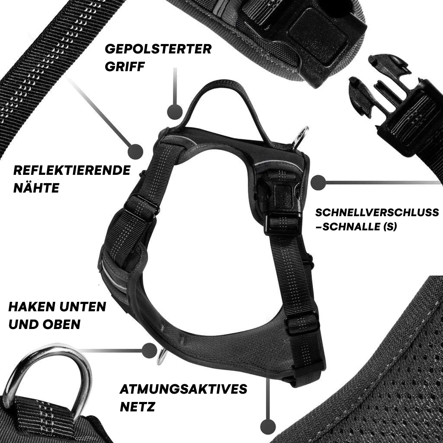 Black Rhino - The Comfort Dog Harness with Mesh Padded Vest for Small - Large Breeds | Adjustable | Reflective | 2 Leash Attachments on Chest & Back - Neoprene Padded Training Handle (Medium, Red/Bl)