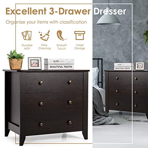 Giantex Drawer Chest with 3 Drawers,Solid Curved Legs and Double Handled Bedside Table Storage Dresser Cabinet for Bedroom, Living Room, Entryway, Nursery 28x 18x 26 Inch Drawer Dresser (Deep Coffee)