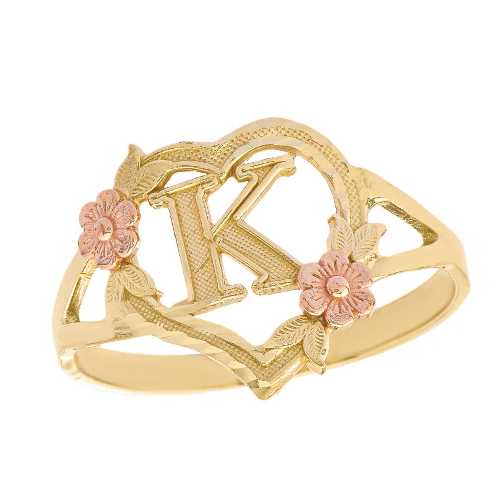 CaliRoseJewelry 10k Two-Tone Initial Alphabet Personalized Heart Ring in Yellow and Rose Gold (Size 11.5) - Letter K