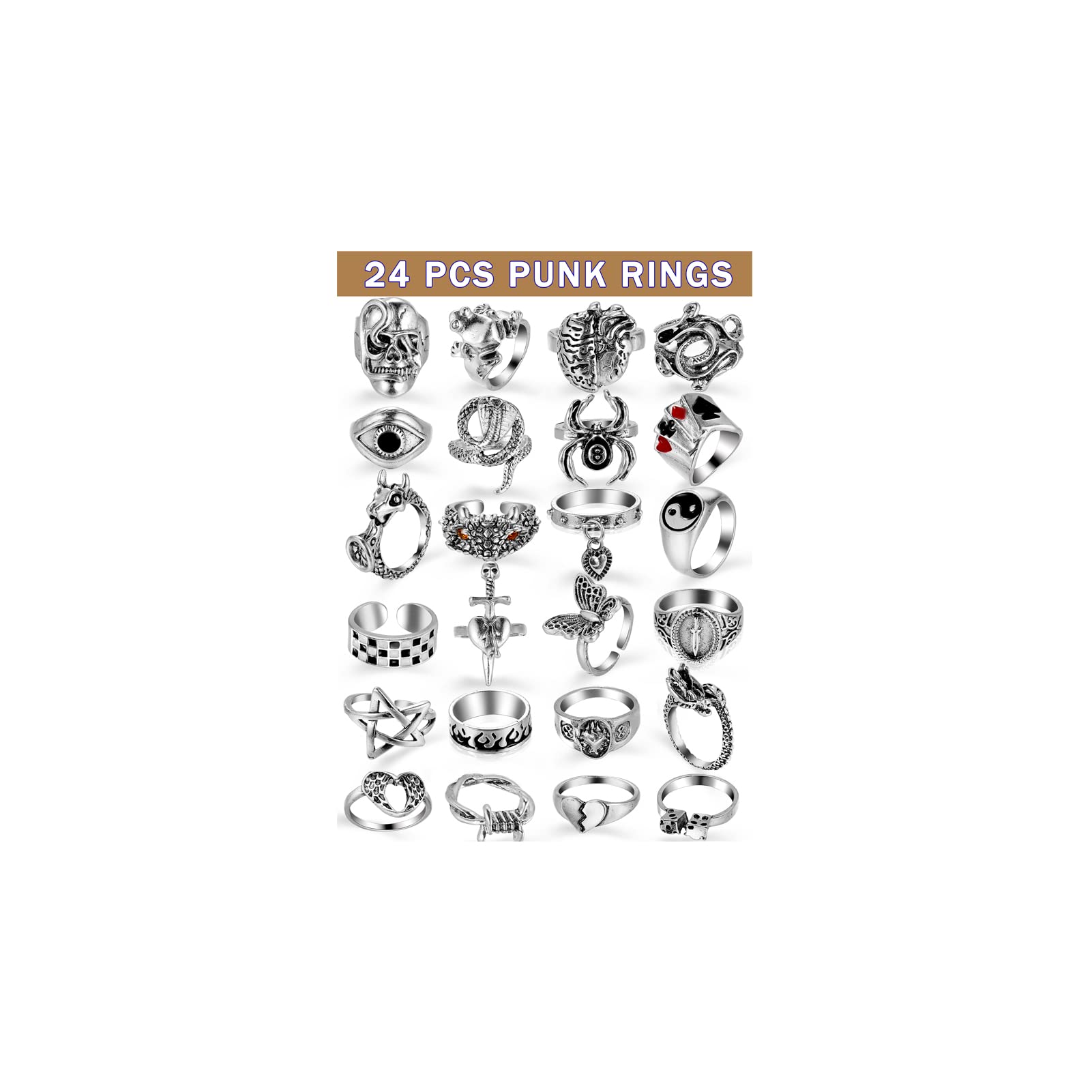 Black Rings for Men Women Girls, Goth Punk Rings Set, Cool Gothic Adjustable Ring Pack, Vintage Stackable Animal Rings Bulk, Vintage Chunky Knuckle Emo Rings, Boho Snake Spider Eboy Open Rings Y2K Accessories (Big silver punk rings-24 pcs)