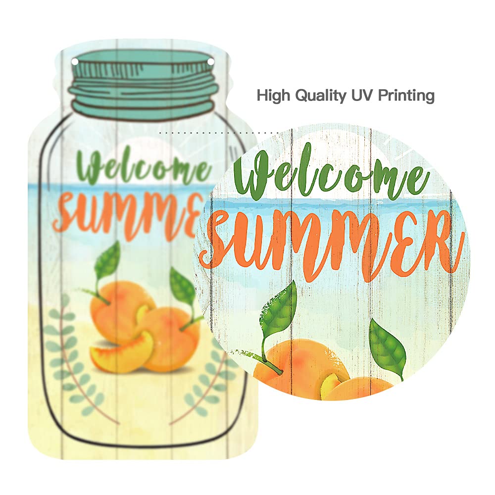 Putuo Decor Yellow Peach Mason Jar Sign, Summer Fruit Decorations for Garden, Yard, Patio, Porch, Front Door, 8.3x4.5 Inches Hanging Wall Plaque - Welcome Summer