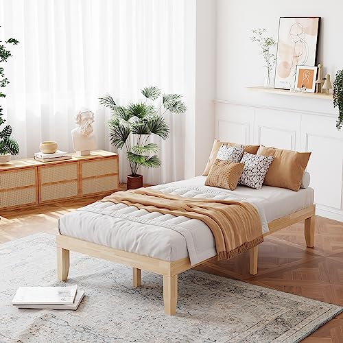 Giantex Twin Wood Platform Bed Frame, 14 Inch Solid Rubber Wood Mattress Foundation, Heavy Duty Wood Slats Support, No Box Spring Needed, Easy Assembly, Natural
