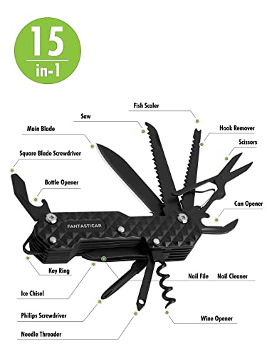FantastiCAR 15 in 1 Multi-Tool, EDC Folding Pocket Knife with Premium Gift Box for Camping, Fishing, Hunting, Survival, Outdoor (Black)