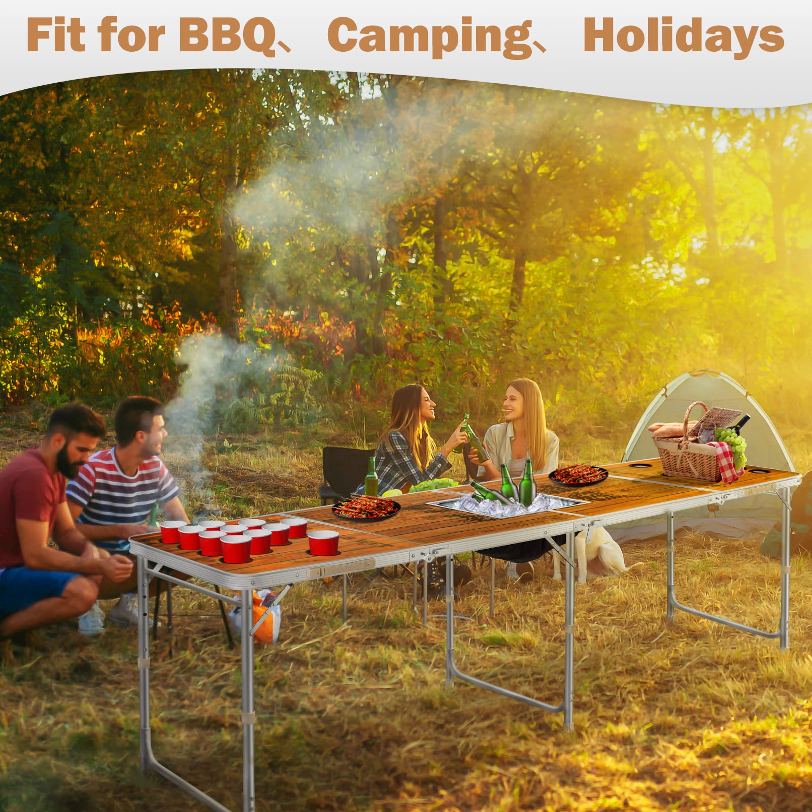 Coobi Folding Table,8 Foot Beer Pong Table with Ice Bag & Cup Holes,Adjustable Height,Ideal for College Tailgate Parties