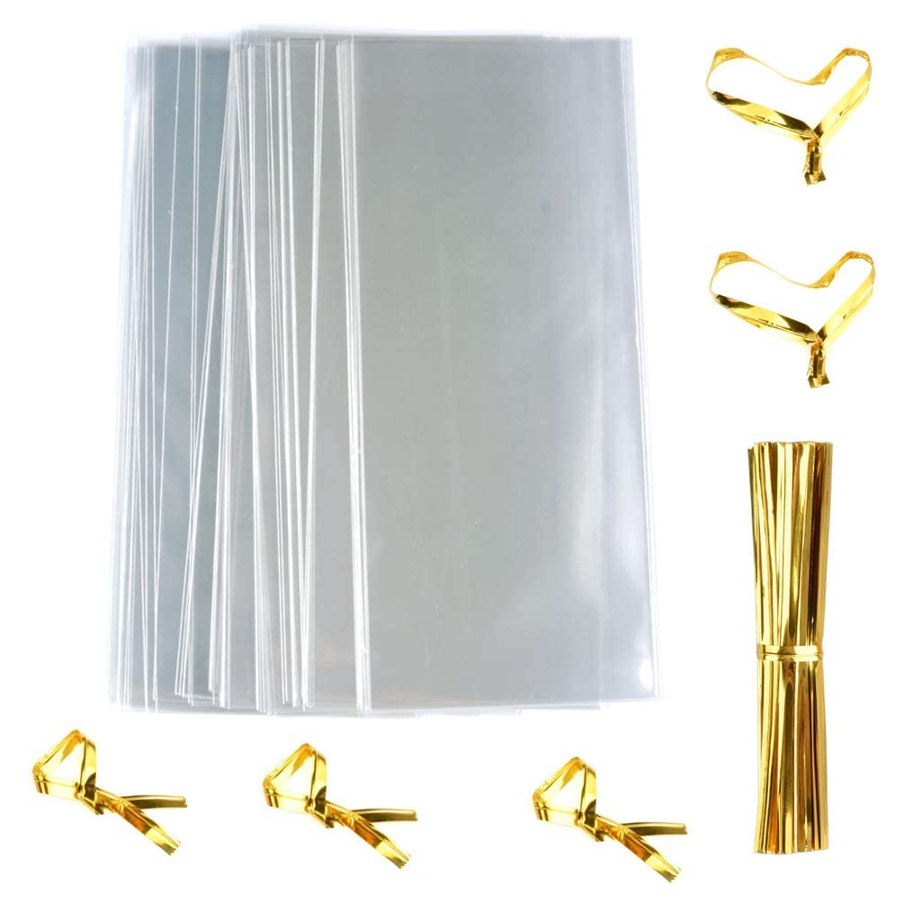 FUNNYARD Clear Cello Treat Bag 100 PCS 4x9 Cellophane Goody Party Favor Candy Bags with 4'' Twist Ties for Wedding Bakery Cookies Dessert Birthday Cake Pops Buffet Supplies