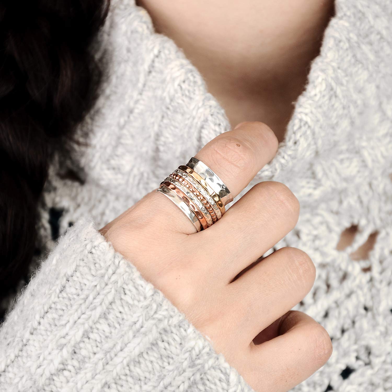 Boho-Magic Spinner Ring for Women 925 Sterling Silver with Copper and Brass Fidget Bands Wide (8)