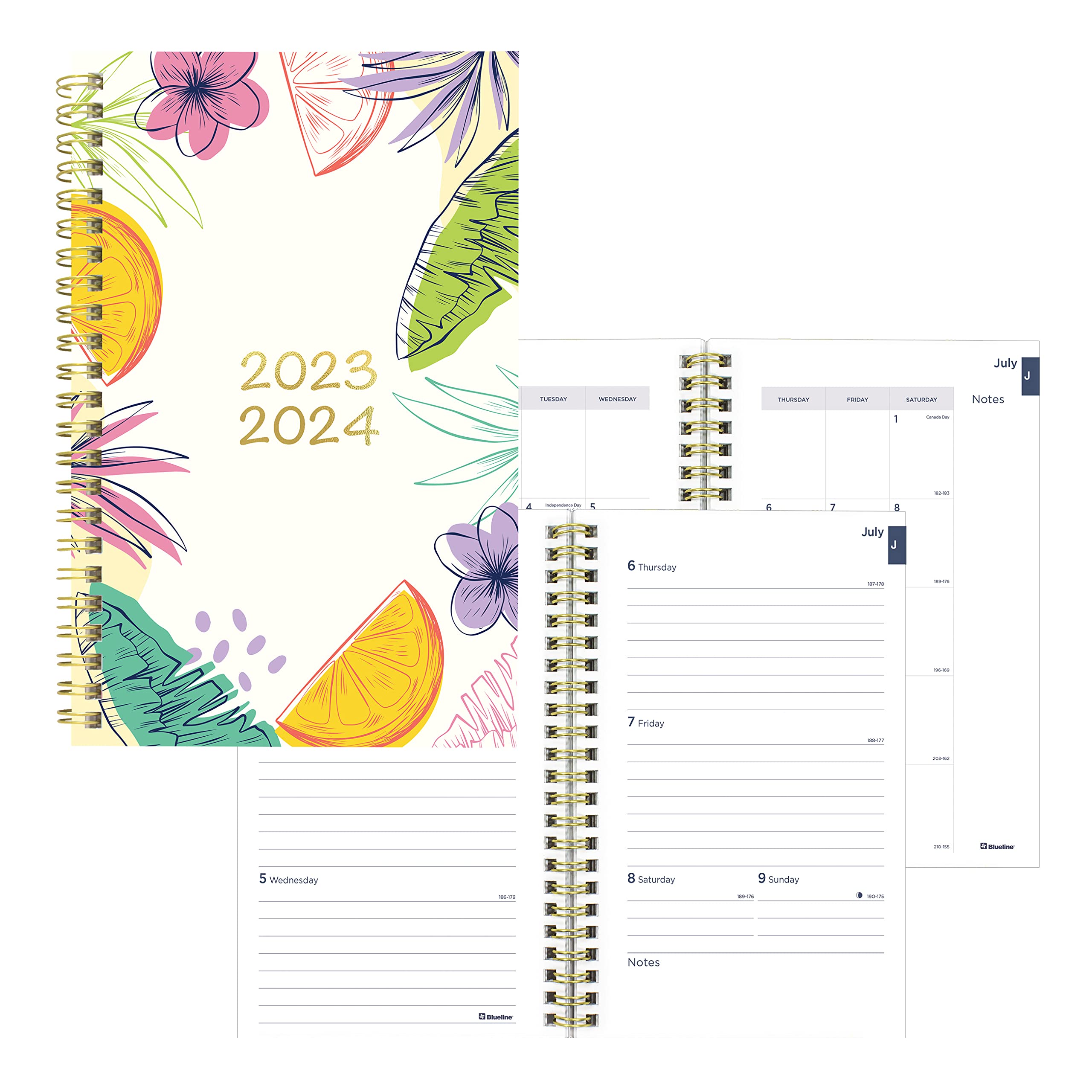 Blueline Essential Academic Weekly/Monthly Planner, 13 Months, July 2023 to July 2024, Gold Twin-Wire Binding, Poly Cover, 8" x 5", Tropical Design, Citrus (CA114PM.02-24)