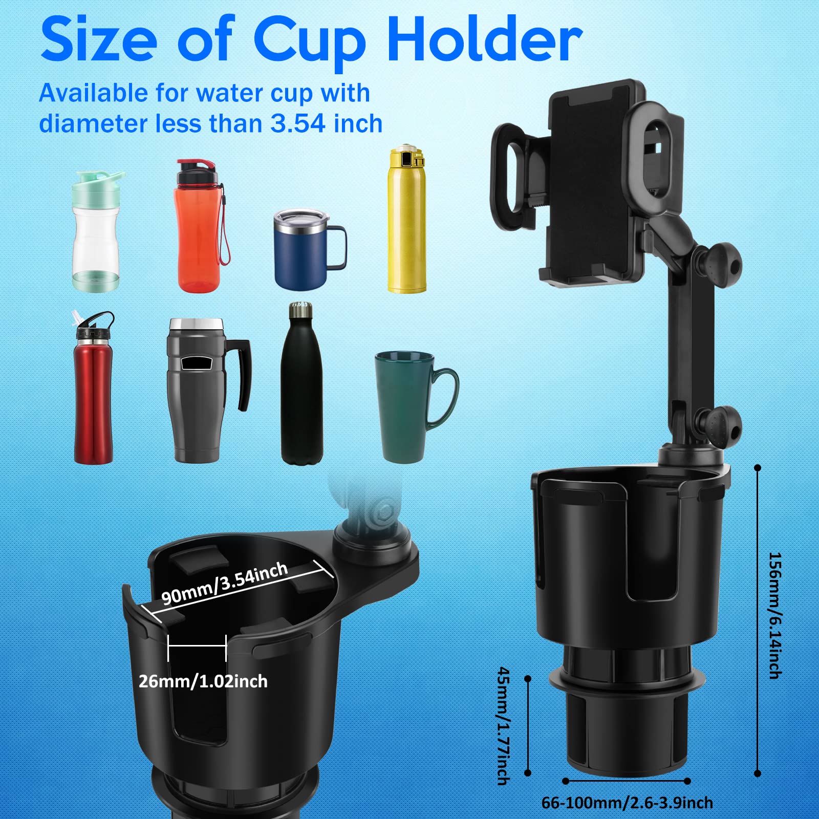 Cup Holder Phone Mount, Universal Cell Phone Holder for Car Truck SUV Drink Expand Cup Holder Adapter Long Arm 360° Rotation Adjustable Base Large Car Cupholder Fit for iPhone, Samsung & All Phone