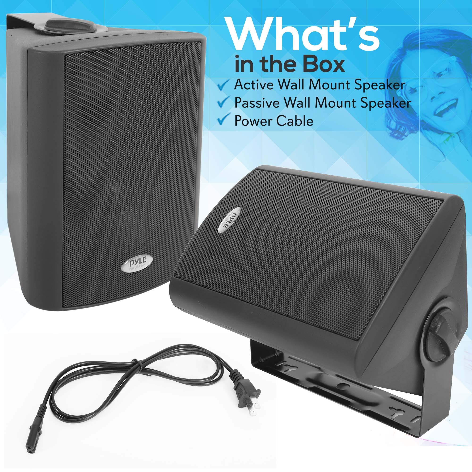 Pyle Wall Mount Home Speaker System - Active Passive Mountable Bookshelf Indoor Studio Garage Patio Stereo Sound Home Theater Speaker, Wireless Bluetooth Speaker Set W/ Aux & RCA - PDWR53BTBK (Black)