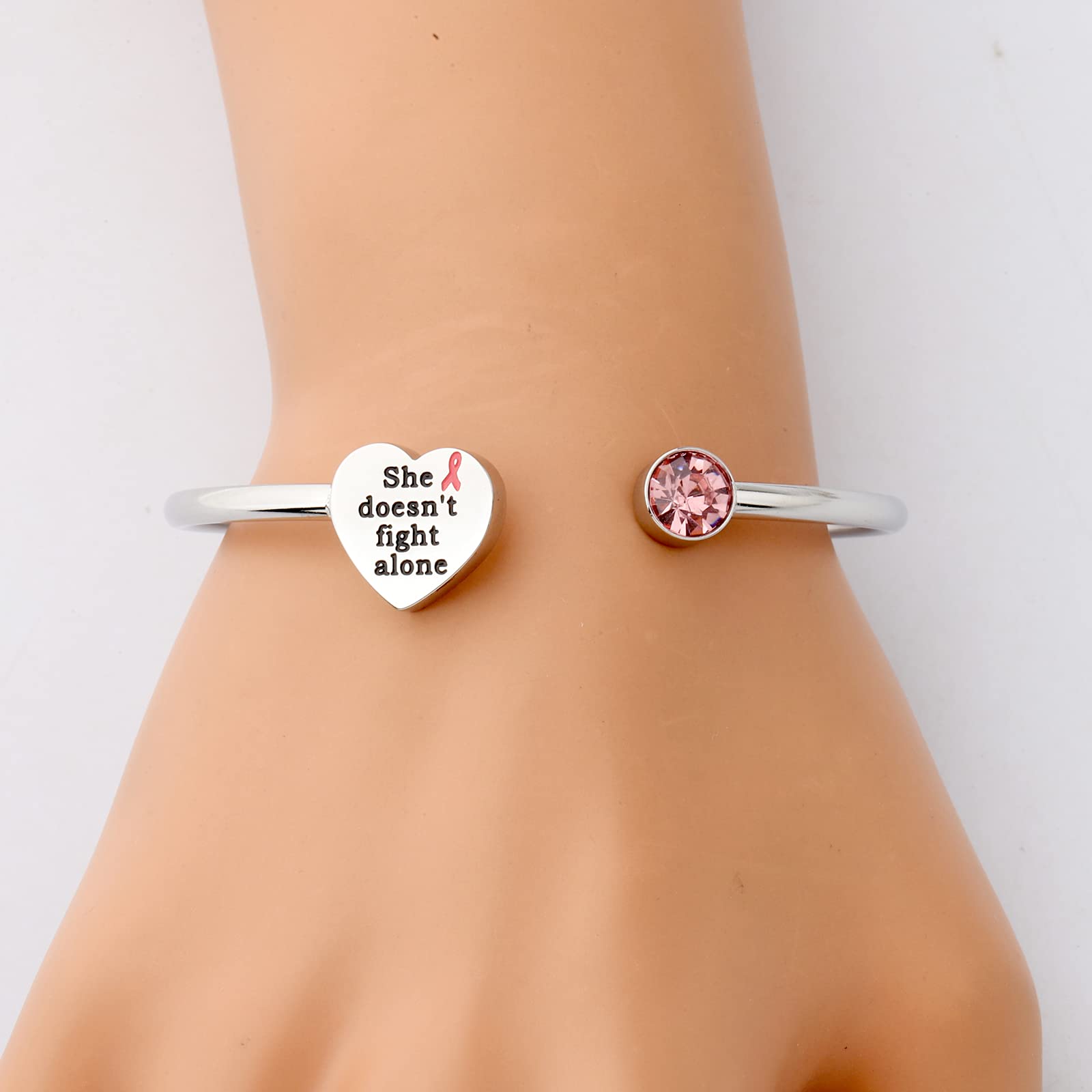 BNQL Breast Cancer Awareness Bracelet Cancer Awareness Jewelry Pink Ribbon Bracelet She Doesn’t Fight Alone (SILVER)