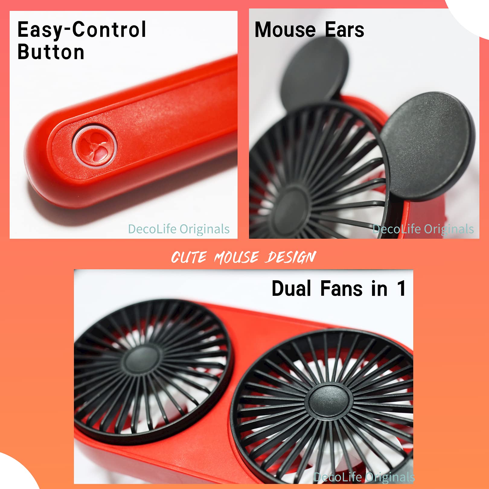DecoLife Cute Mouse Mini Fan, Portable USB Rechargeable Handheld Personal Fan, Twin Window Dual Fan with 3 Adjustable Speeds(Pink)
