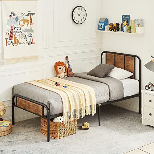 VECELO Twin Bed Frame Heavy Duty Metal Platform with Wooden Headboard Footboard Mattress Foundation 12 Strong Steel Slats Support Under Bed Storage/Easy Assemble