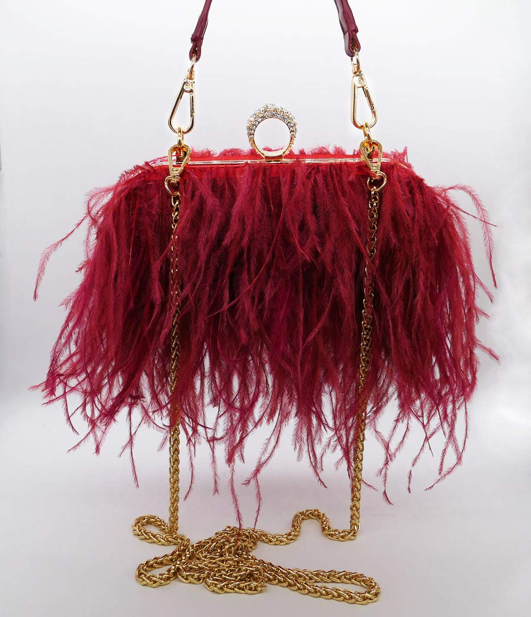 QEBURI Women Fluffy Ostrich Feather Evening Dress Clutch Bag Purse Shoulder Bag (Wine)