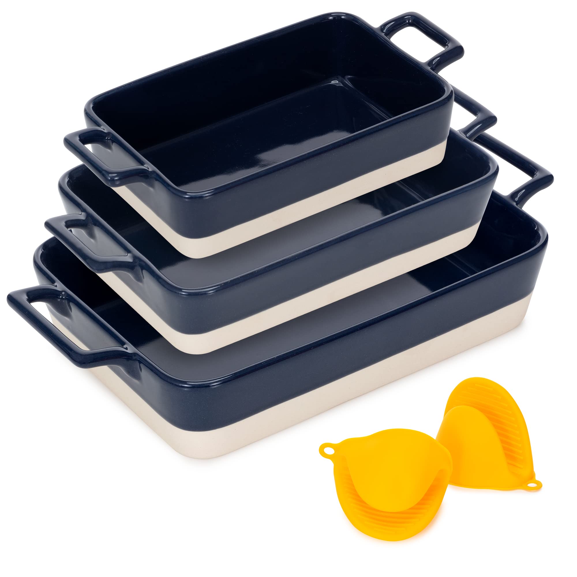 Casserole Dish Set - 3 Ceramic Baking Dishes for Oven with Silicone Oven Mitt - Rectangular Bakeware is Microwave, Freezer and Dishwasher Safe - Cooks Evenly and Saves Space with Nesting Design