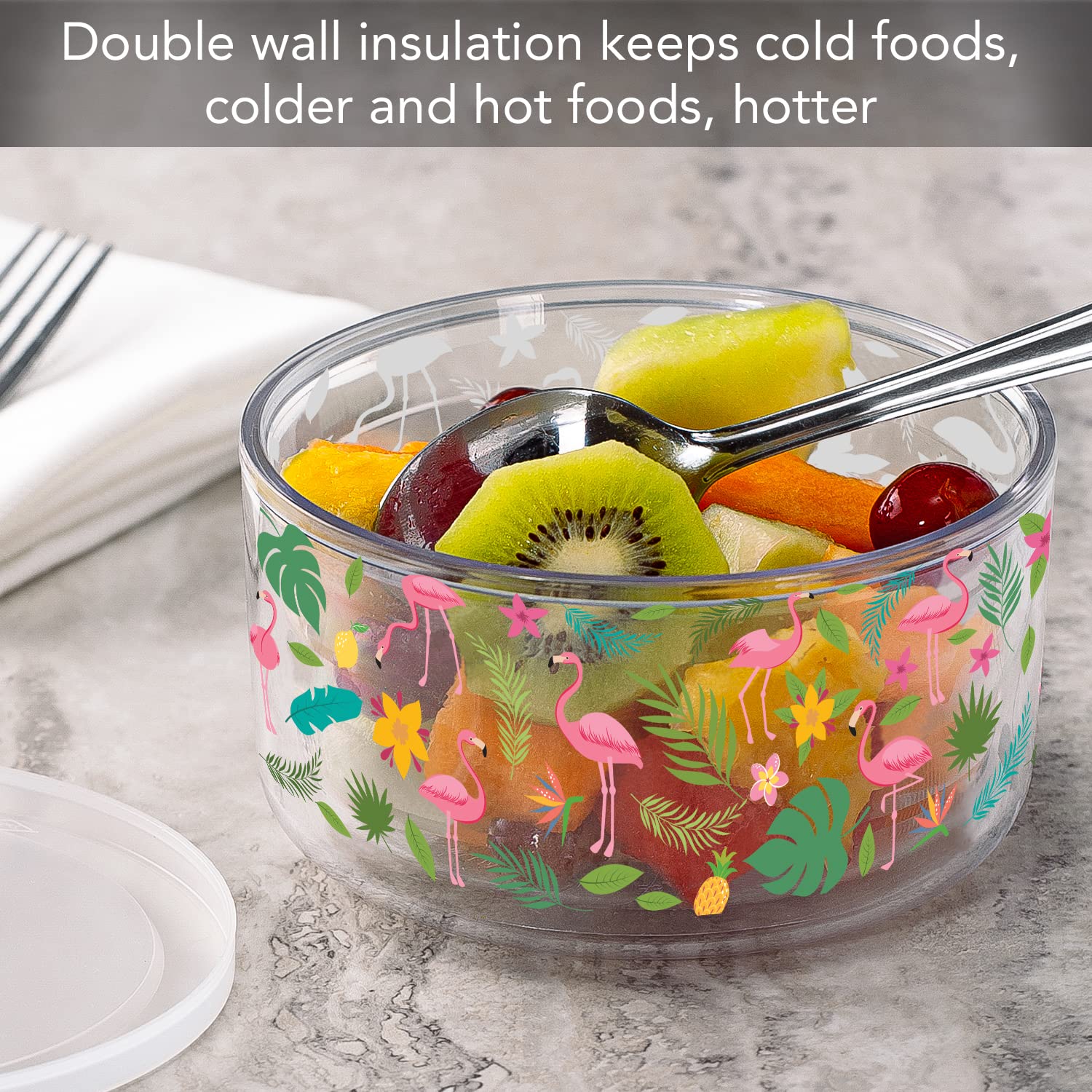 Counterart Flamingos Double Wall Insulated Unbreakable Plastic Travel Bowl with Lid Holds 22 Fluid Ounces BPA Free Microwave Safe Dishwasher Safe
