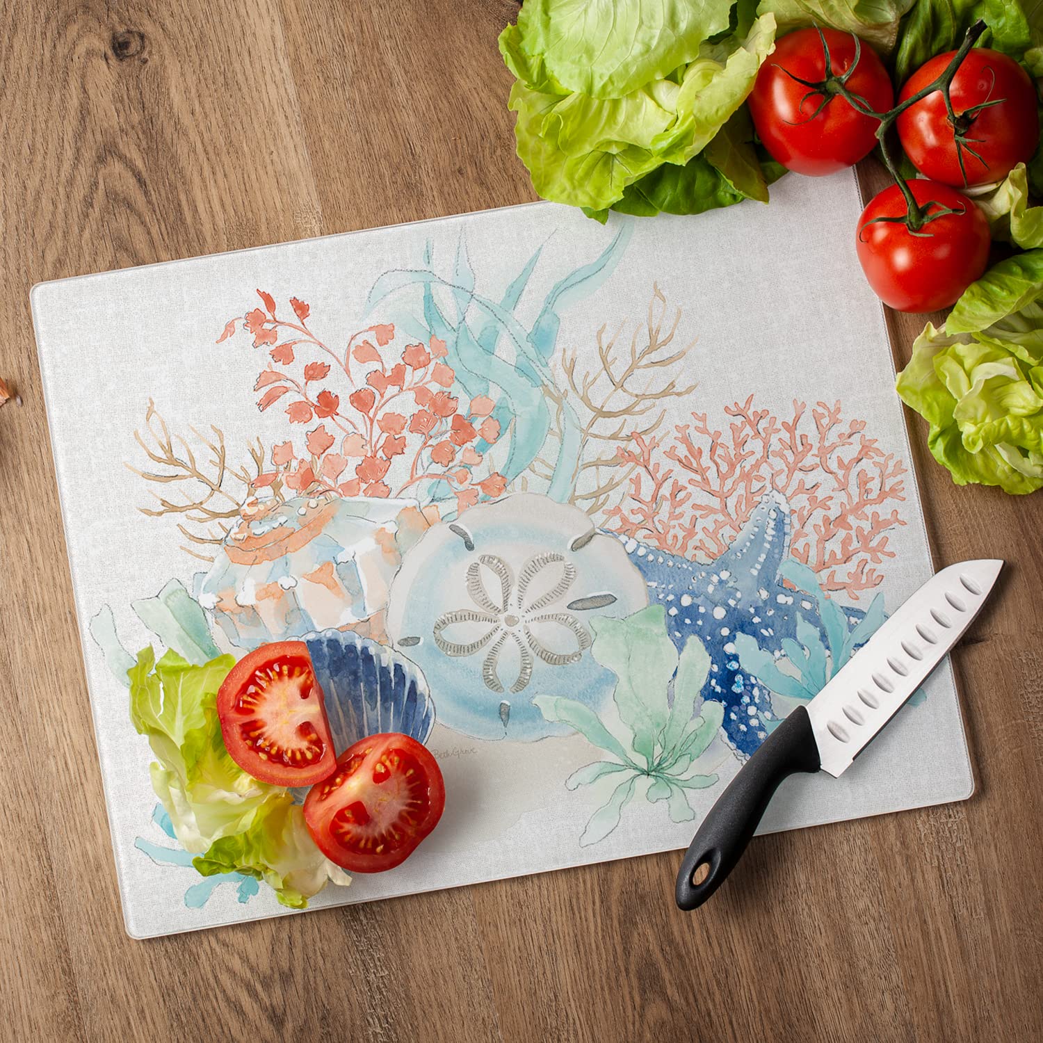 CounterArt Seaside 3mm Heat Tolerant Tempered Glass Cutting Board 15โ x 12โ Manufactured in the USA Dishwasher Safe