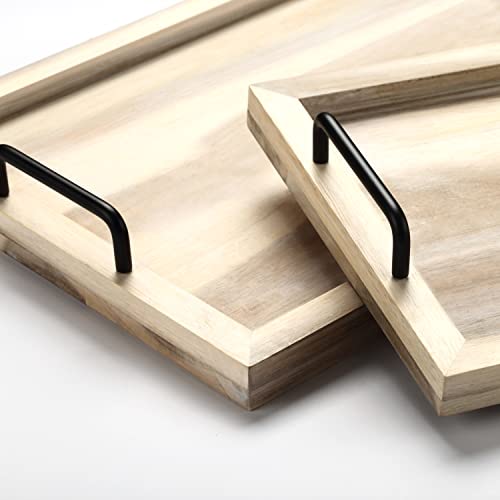 everous Wood Serving Tray with Handles Set of 2,Acacia Wood Butler Platters Serve Breakfast, Appetizer, Coffee, Bar, and Food(White)