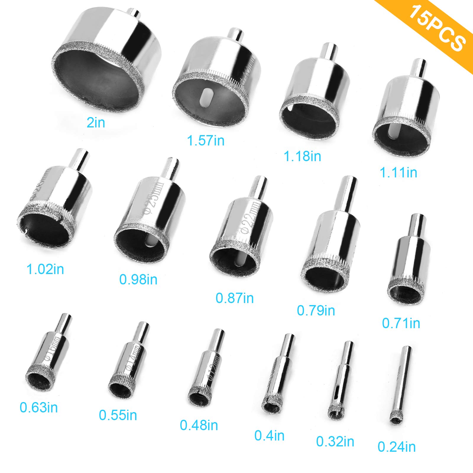 Diamond Hole Saw Drill Bits Set Kit for Ceramic, Premium Glass Drill Bit for Bottles,Pots, Marble, Granite Stone, Tile Cutting 0.23 Inch - 2 Inch(6mm - 50mm)YLYL, 15 Pcs