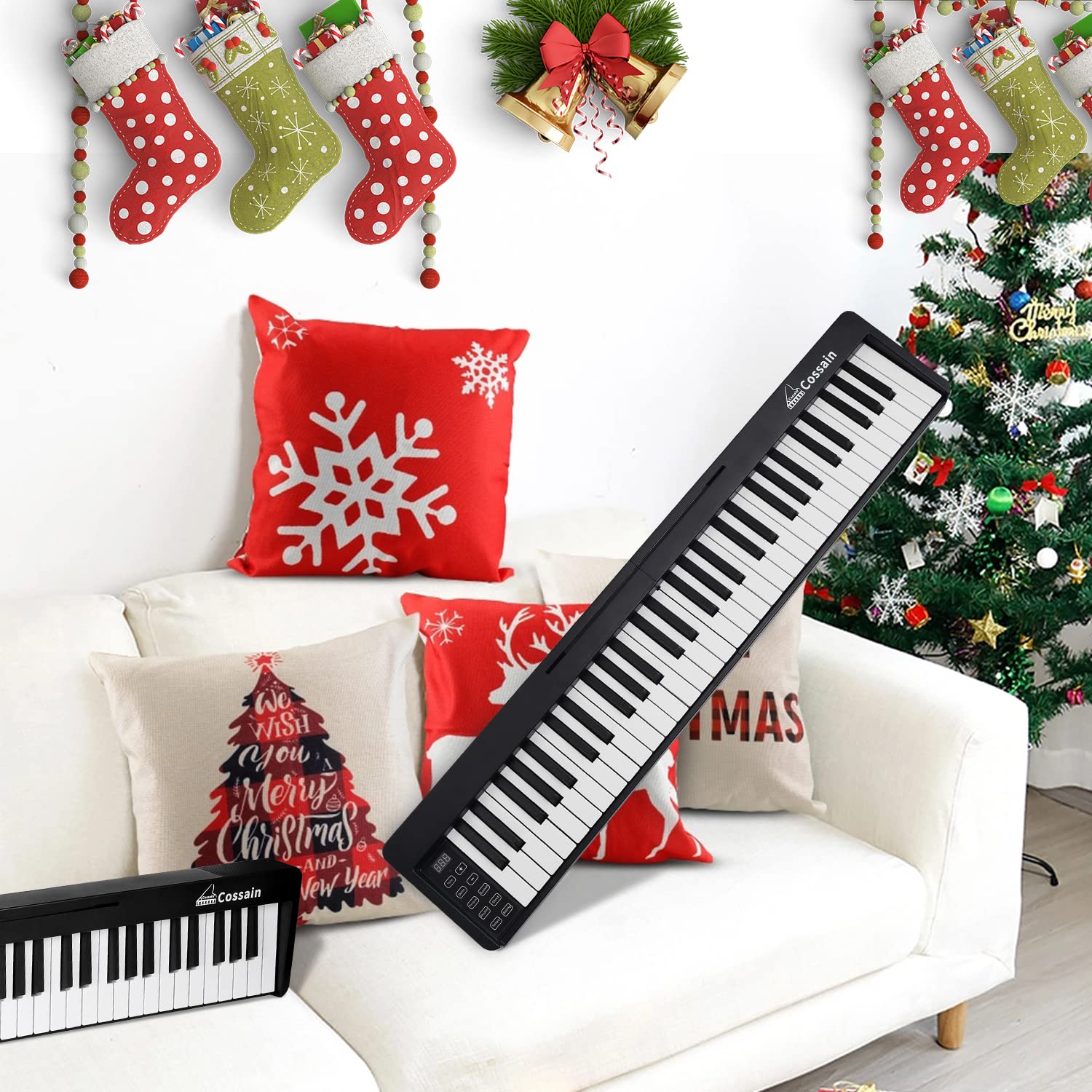 Cossain Folding Piano 61 Key Keyboard with Upgrade Imitation Wood Texture Keyboard 61 Key Digital Piano with MIDI Portable Piano Keyboard for Beginners - Deep Black