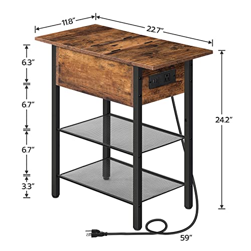 HOOBRO End Table with Charging Station, Narrow Side Table with USB Ports and Outlets, Flip Nightstand for Small Spaces, Sofa Couch Table Bedside Table, Living Room Bedroom, Rustic Brown BF158UBZ01G1
