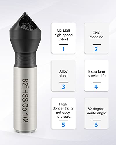 Countersink Drill Bit, TiAlN Coatied M35 Cobalt Steel Bit, 82 Degree Point Angle, 3/8" Round Shank, 1/2" Body Diameter for Hard Metal Wood Plastic Glass Deburring Chamfer Tool (82 Degree)