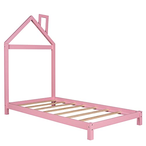 FIQHOME Twin Size Wood Platform Bed with House-Shaped Headboard,Toddler Floor Bed with Solid Wood Slats,Twin Platform Bed Frame for Girls Boys,No Box Spring Needed(Pink)