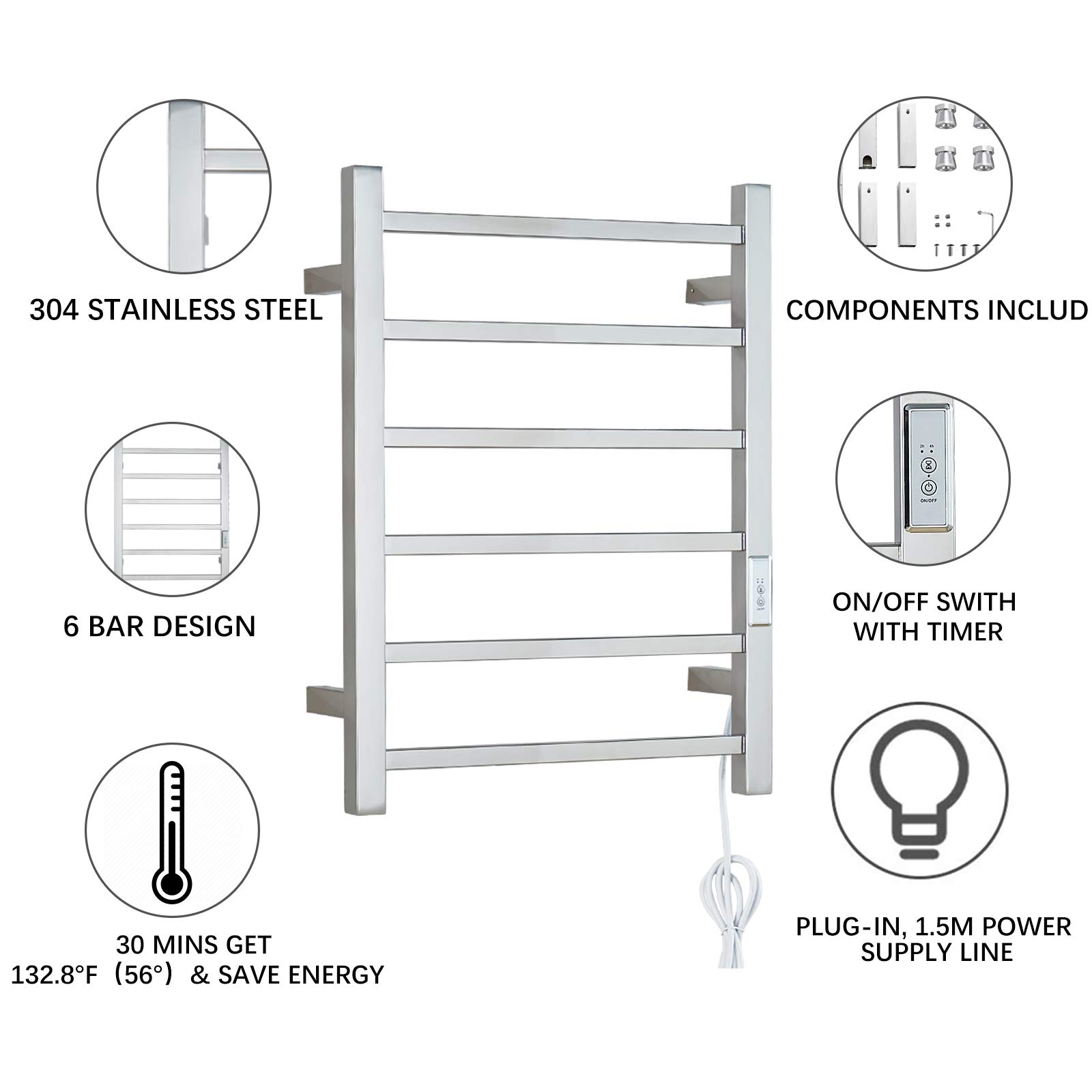 FUREX Towel Warmer 6 Bar Electric Heated Towel Rack Wall Mount Plug-in/Bath Towel Heater (Mirror Polish - Timer)