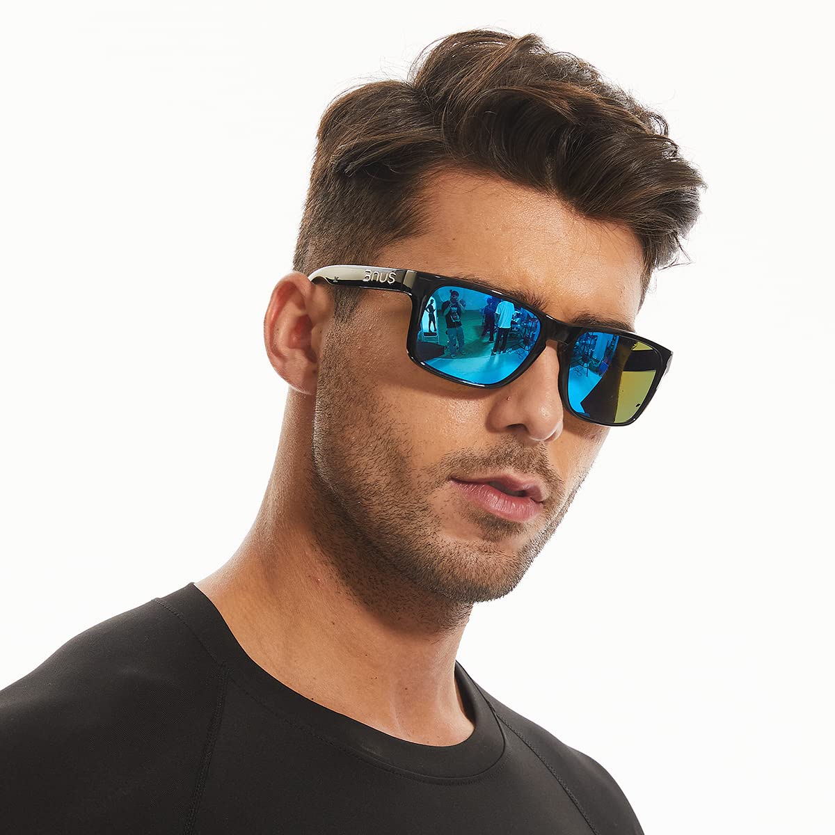 BNUS Italy made Polarized Sunglasses for men Corning Real Glass Lens (B7026 Shiny Black/Polarized G-15, Glass Lens Size XL)