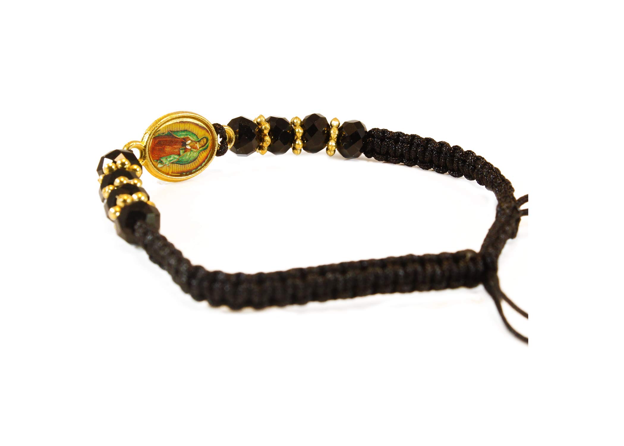 Black String Virgin Mary Black Bead with Golden-Inlay Adjustable Bracelet Protection Prosperity Good Luck Pulsera De La Virgen Maria Color Negro Proteccion Prosperidad Buena Suerte (Black Bead)