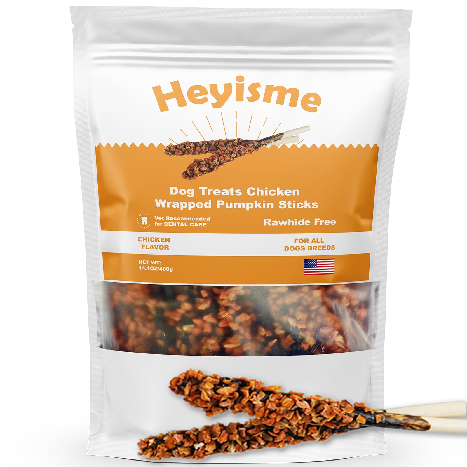 HEYISME Chicken Wrapped Sticks Pumpkin Dog Treats,14.1oz Rawhide Free Natural Dental Chews,Dog Training Treats,Dog Teeth Cleaning
