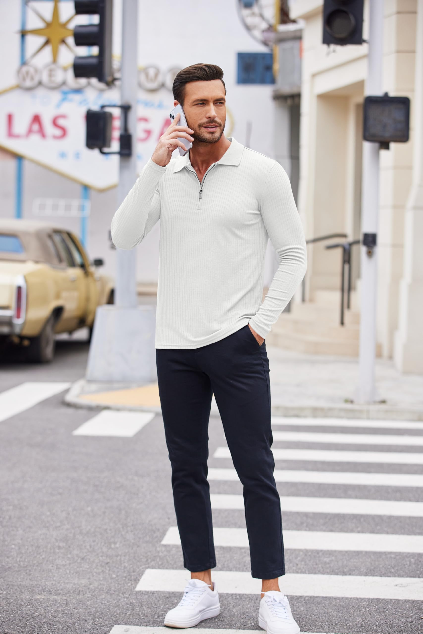 COOFANDY Men's Fitted T Shirt Long Sleeve Stretch Slim Fit Polo Shirts for Golf White