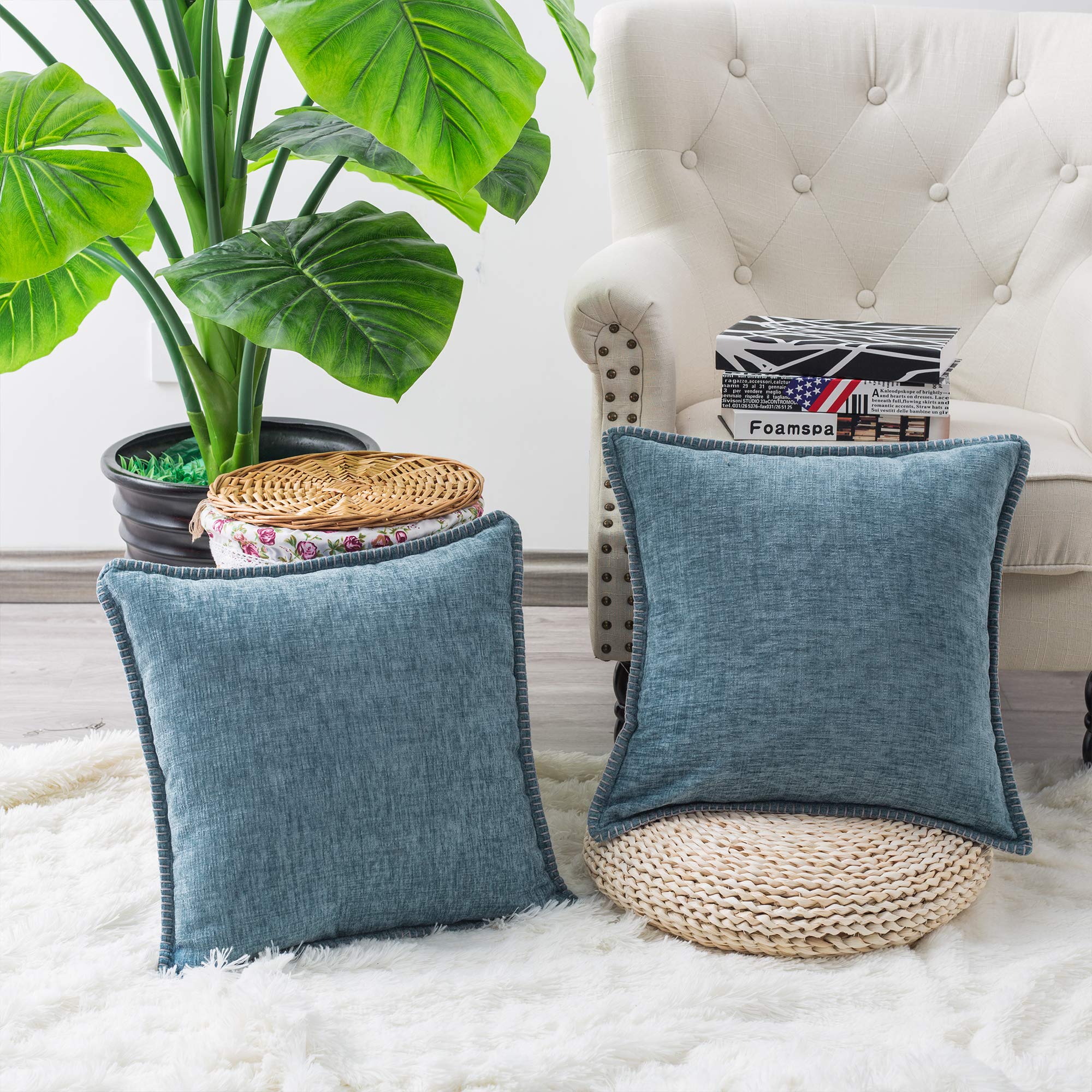 CaliTime Throw Pillow Cases Pack of 2 Cotton Thread Stitching Edges Solid Dyed Soft Chenille Cushion Covers for Couch Sofa Home Farmhouse Decoration 18 X 18 Inches Smoke Blue