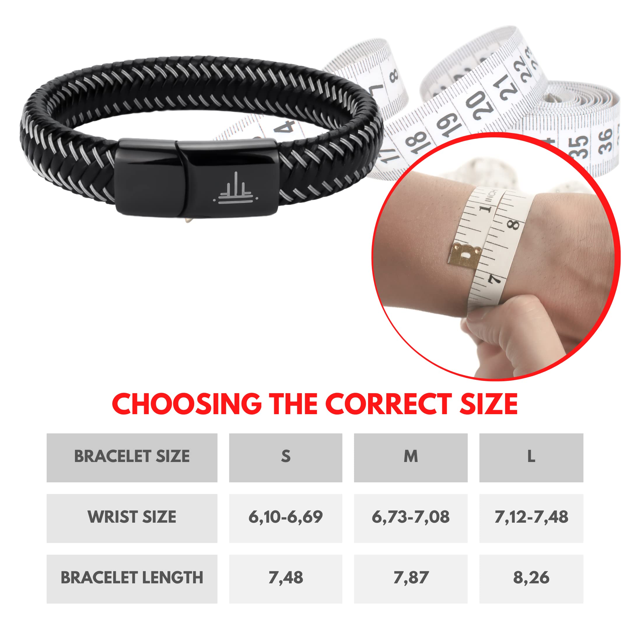 CG85 Genuine black leather bracelet with silver stainless steel thread and black steel clasp, plus 2 handwoven stone beads bracelets (3 pieces)