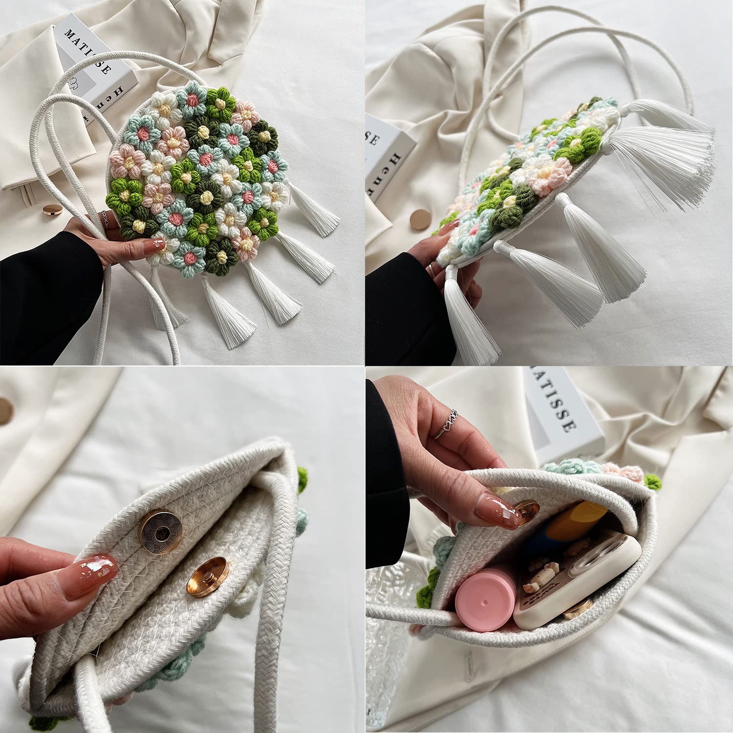 CHIC DIARY Handwoven Crossbody Handbag for Women Summer Beach Flower Shoulder Bag Small Cotton Crochet Round Purse (White)
