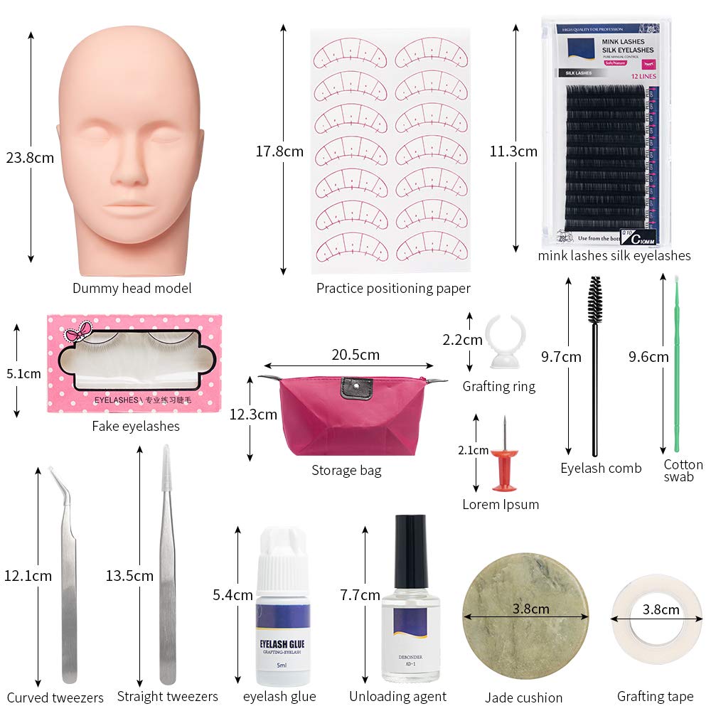 Buqikma 14PCS Lash Extension Kit with Glue Professional False Eyelashes Extension Kit Practice Exercise Glue Tool with Makeup Mannequin Head Extension Starter Kit for Makeup Practice and Graft (14PCS)