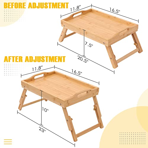 JESSILIN HOME 2 Pack Bamboo Bed Tray Table, Breakfast Tray with Folding Adjustable Legs, Food Tray with Handles, Whole Bamboo