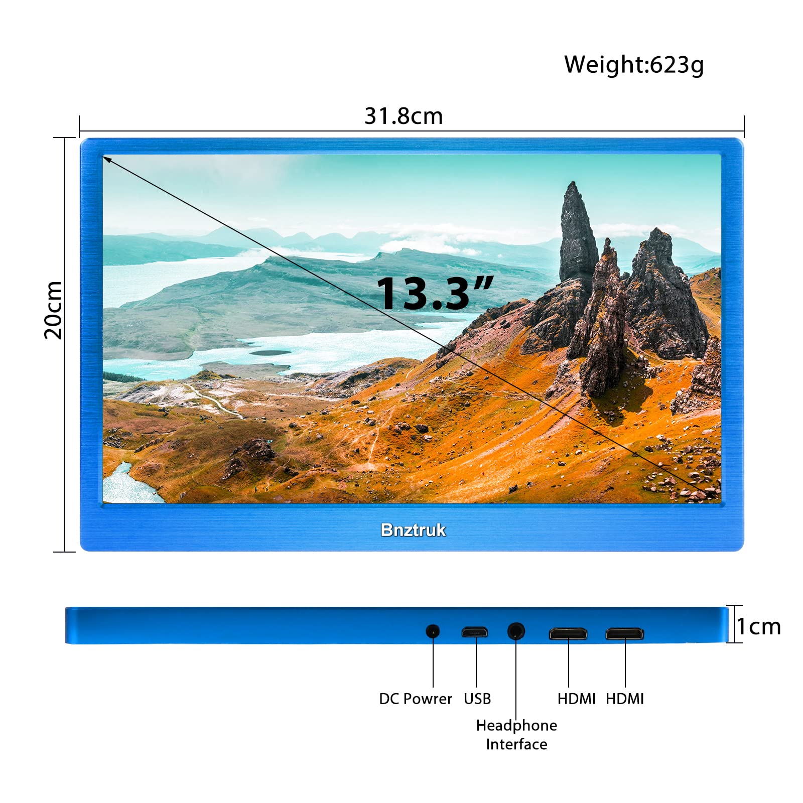 Bnztruk Portable Monitor 13.3 inch Full HD 1080P IPS Screen Computer Display with HDMI interface Gaming Monitor for PS3 PS4 Xbox Nintendo Laptop Raspberry pi,60Hz,PC 16:9,Built in Speaker,Blue