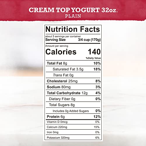 Brown Cow Cream Top Plain Whole Milk Yogurt, 32 oz. Carton - Creamy, Delicious Yogurt