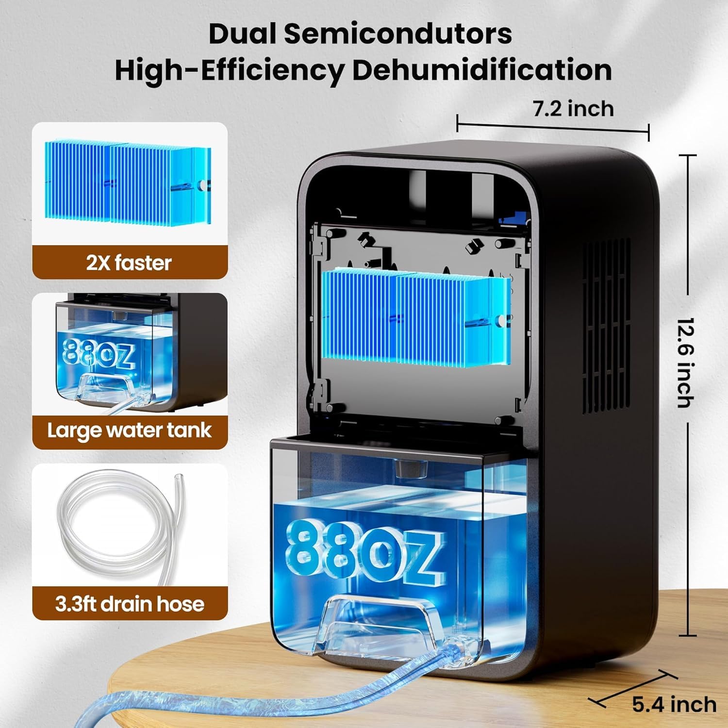 Dehumidifier,88OZ Dehumidifier for Bedroom With Drain Hose Quiet Small Dehumidifier for Bathroom Home Room Basement Portable Mini Dehumidifiers for RV Closet (800Sq.ft)