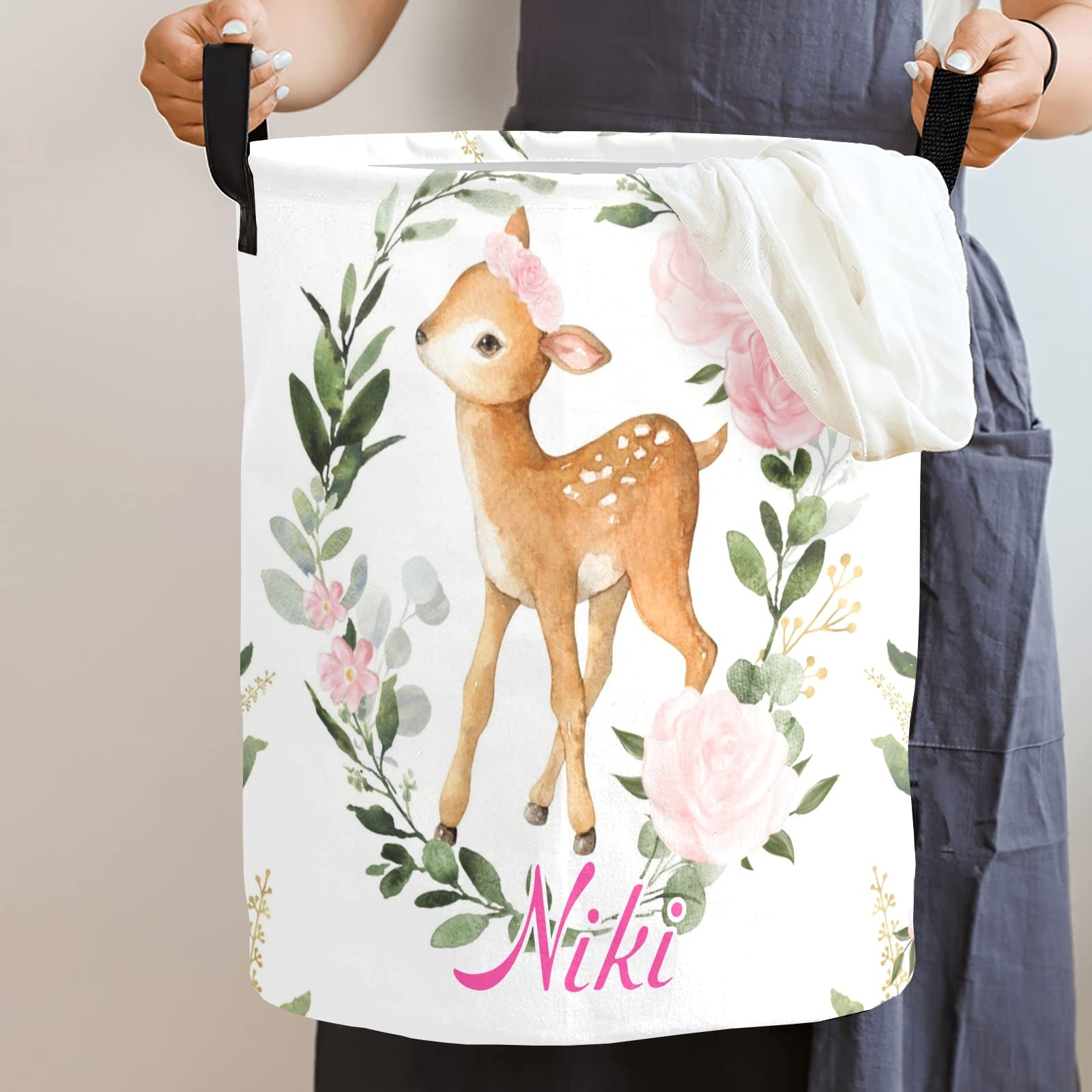 Deer Pink Floral Roses Laundry Basket Personalized with Name Laundry Hamper with Handle Clothes Bag Bin for Bedroom Baskets