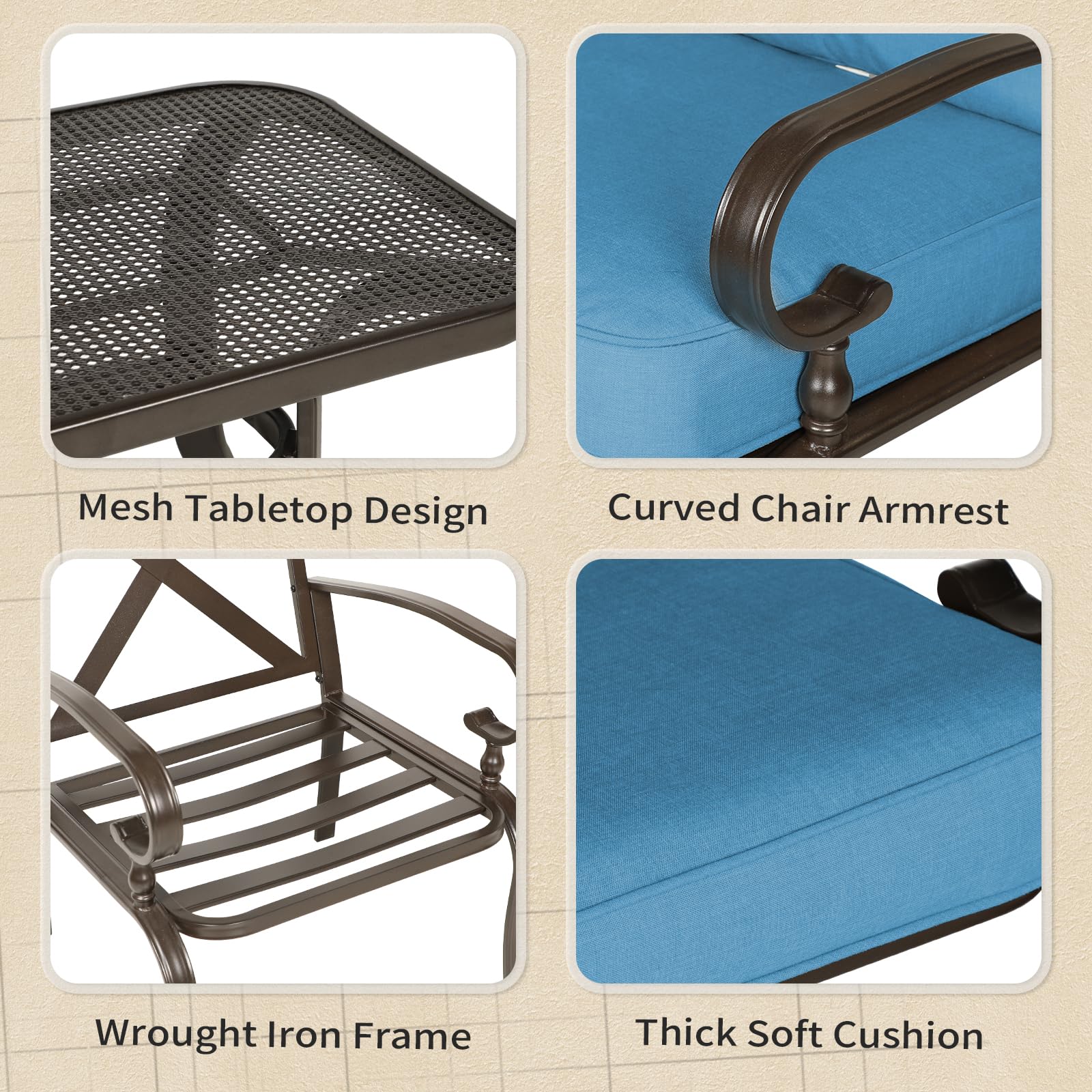 Oakmont 5Pcs Outdoor Furniture Patio Conversation Sets Loveseat, 2 Motion Spring Chairs with Coffee Table, Metal Frame Chair Set (Peacock Blue)