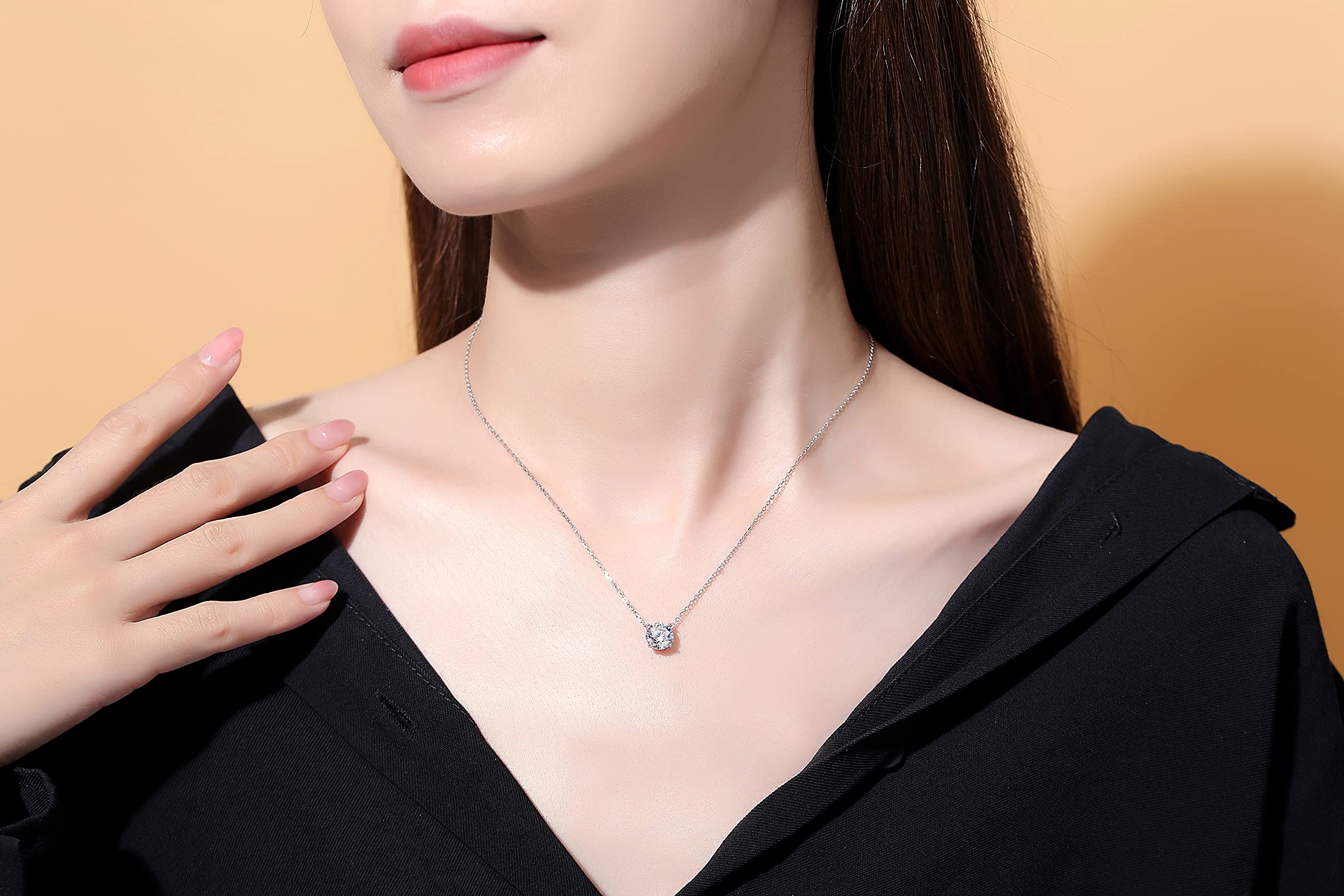 Bo&Pao Women's Zirconia Necklace 925 Sterling Silver with White Round Cubic Zirconia, 18", adjustable