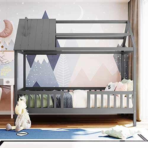 Merax House Bed Frames for Boys and Girls,Wood Twin Bed Frame House-Shaped Bed Platform Bed Frame with Roof Windows and Full-Length Safety Rails, Twin Size