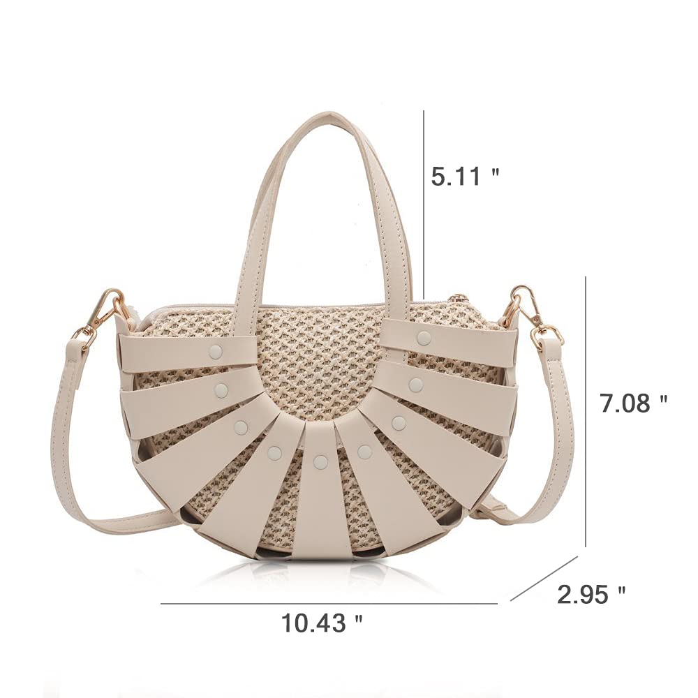 QTKJ Hand-woven Cute Women Summer Beach Semi-circle Rattan Straw Handbags, Splicing Shoulder Bag Cross body Straw Bag with Leather Shoulder Strap (Beige)