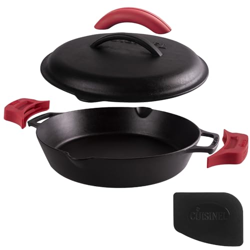 Cast Iron Skillet with Cast Iron Lid - 12"-Inch Dual Handle Frying Pan + Pan Scraper + Silicone Handle Holder Covers - Pre-Seasoned Oven Cookware - Use Indoor/Outdoor, Grill, Stovetop, Induction