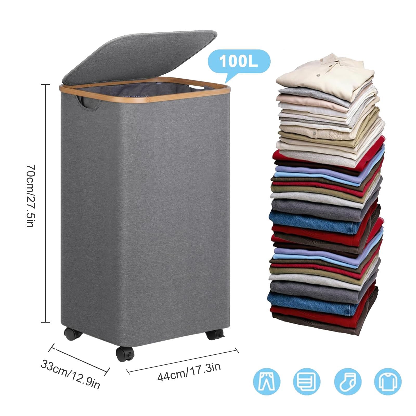 DoReFaSol Large Laundry Basket with Wheels,100L Hampers for Laundry,Freestanding Laundry Hamper with Lid and Bamboo Handles,Collapsible & Waterproof Tall Cloth Hamper for Dorm Family(Grey)